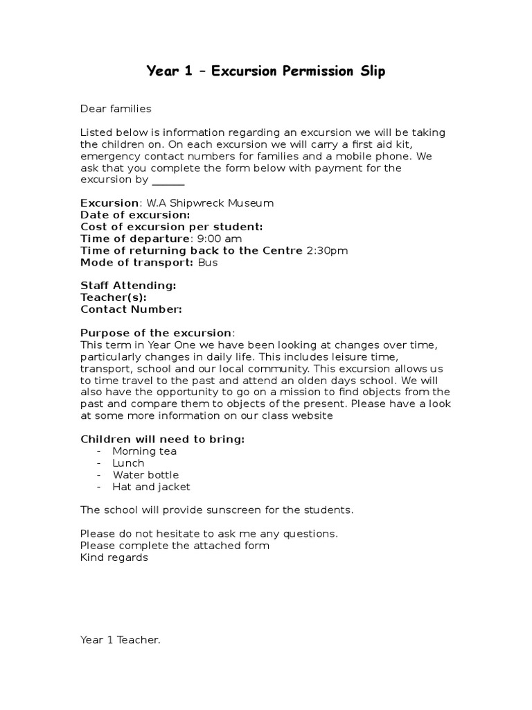 Excursion Permission Slip | PDF | Schools | Transport