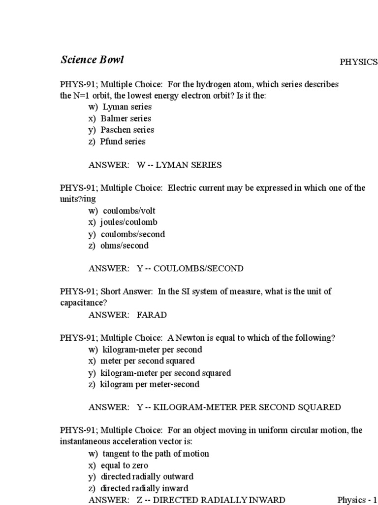 Physics Science Bowl Questions | PDF | Force | Capacitor