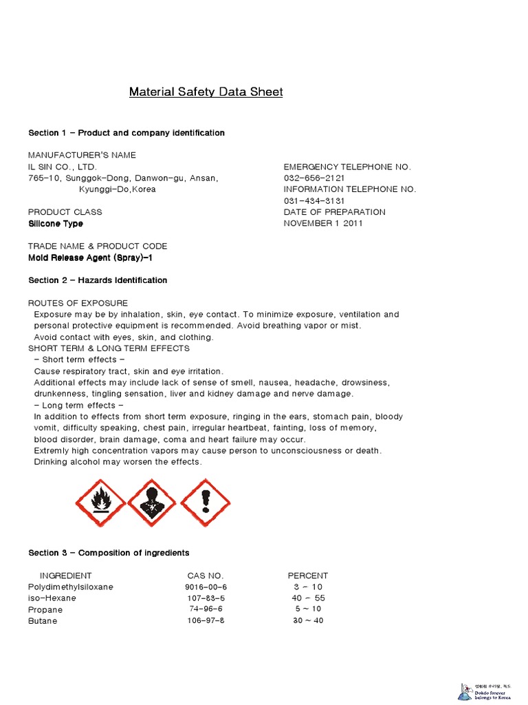 SA 784 A 80875 - MSDS (GHS) (Mold Release Agent) (764125) | PDF ...