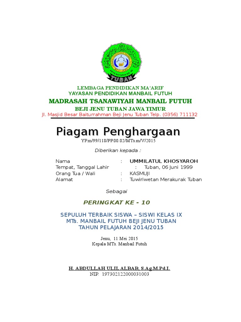 Contoh Format Piagam | PDF
