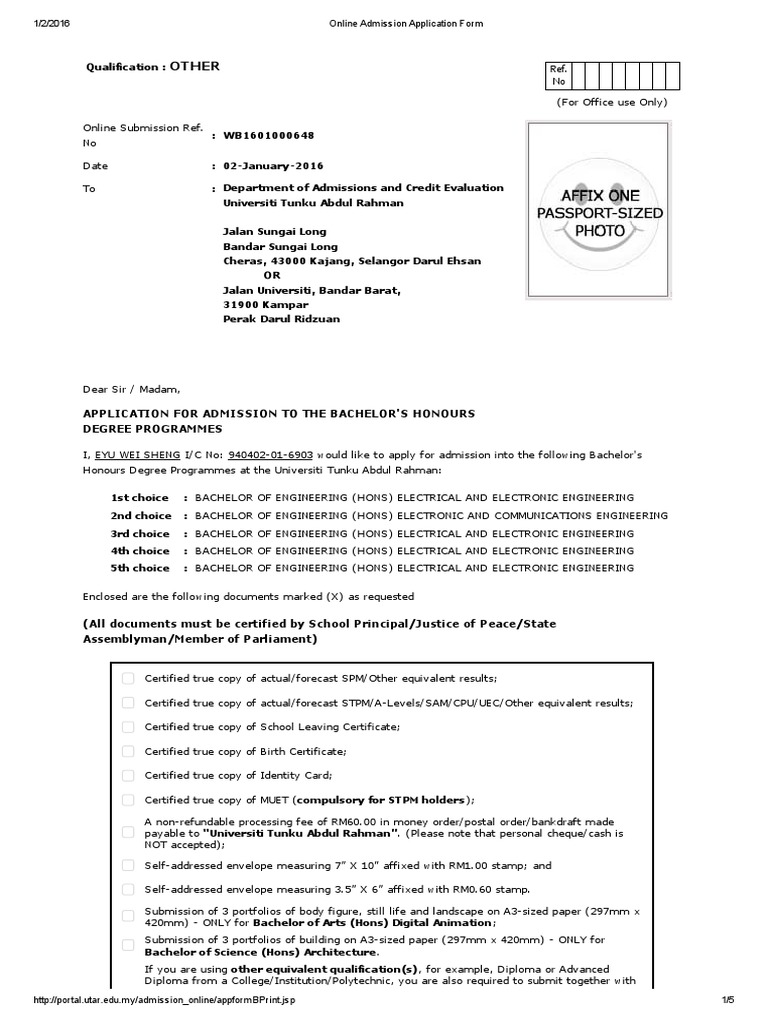 Online Admission Application Form UTAR | PDF | University And College ...