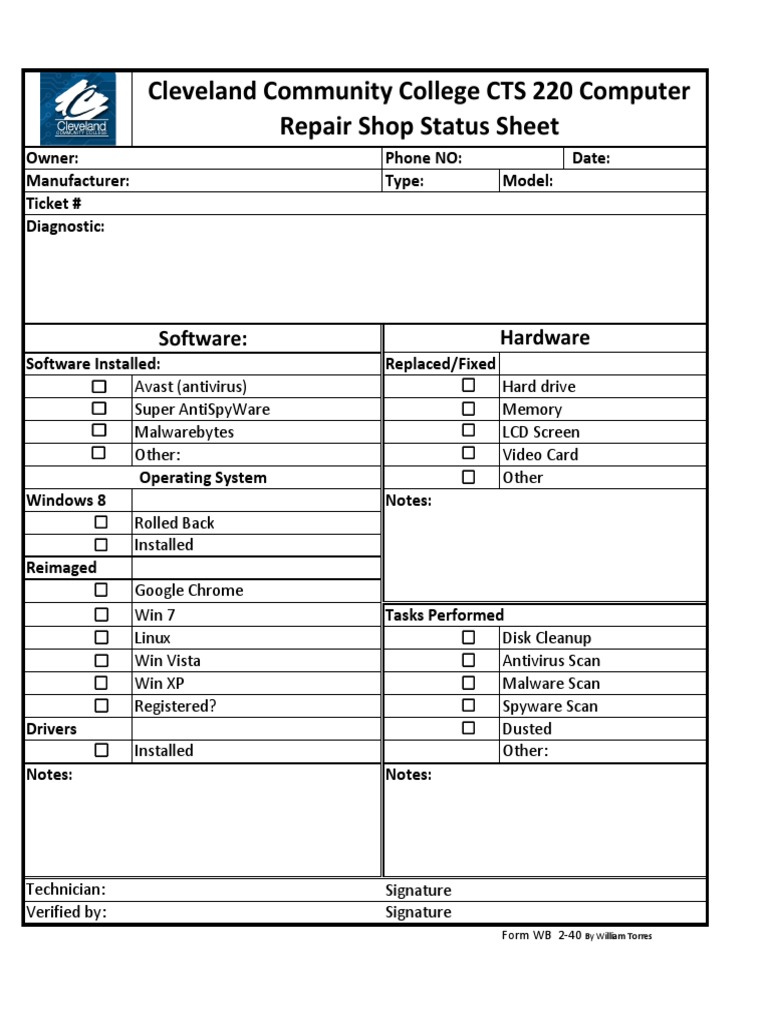 Computer Repair Status Sheet Template | PDF | Computers