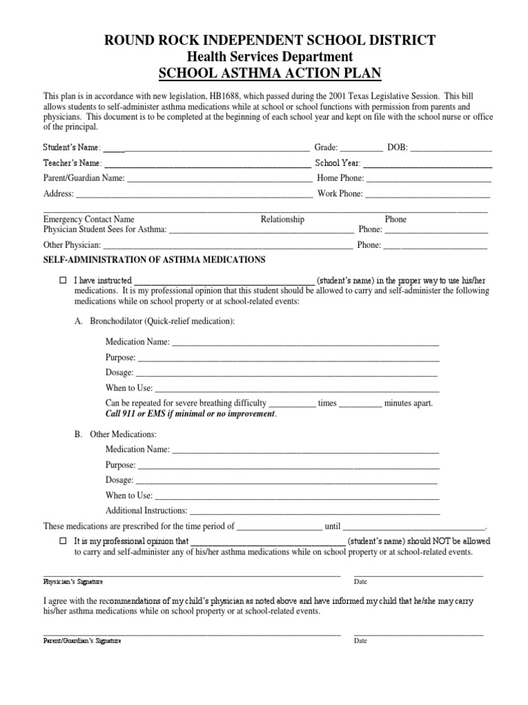 Asthma Medication Action Plan Asthma Action Plans