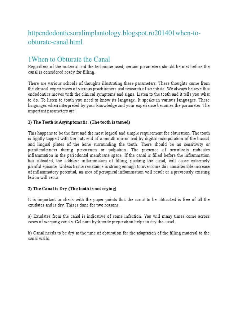 Obturate Canal - HTML 1when To Obturate The Canal: 1) The Tooth Is ...