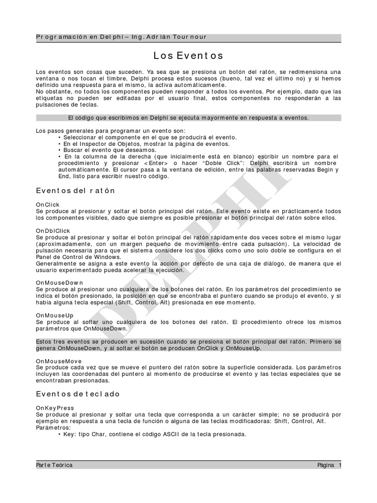 Delphi Eventos | PDF | Ventana (informática) | Puntero (Programación de computadora)