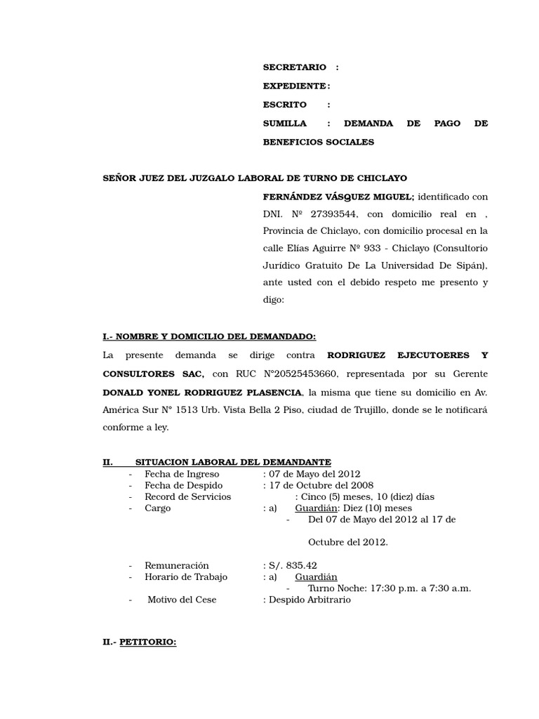Demanda de Pago de Beneficios Sociales - Miguel Fernandez | Descargar gratis PDF | Salario ...