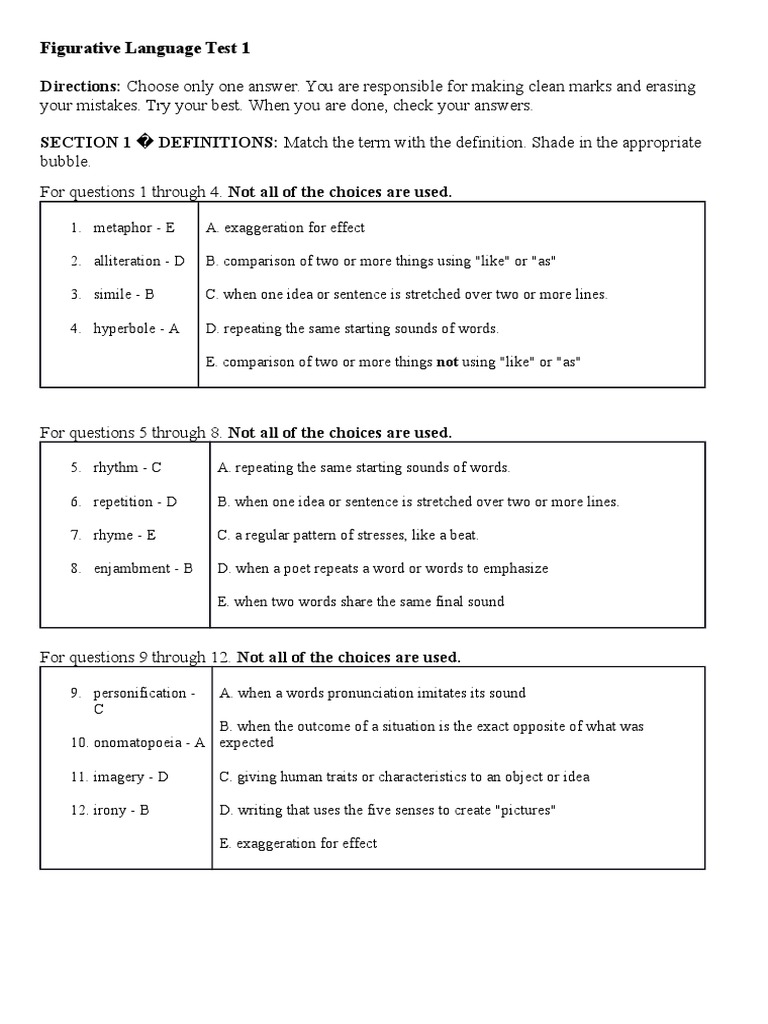 Figurative Language Test 1 | PDF | Poetic Devices | Literary Techniques