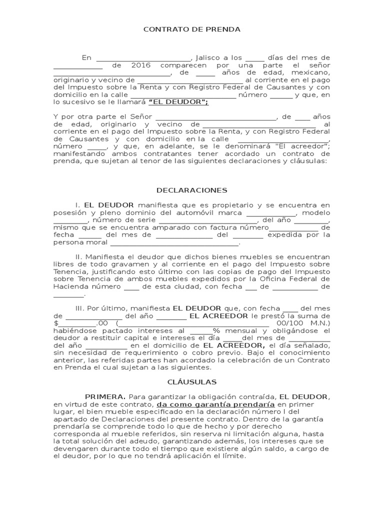 Ejemplo de Contrato de Prenda | PDF | Derecho privado | Gobierno