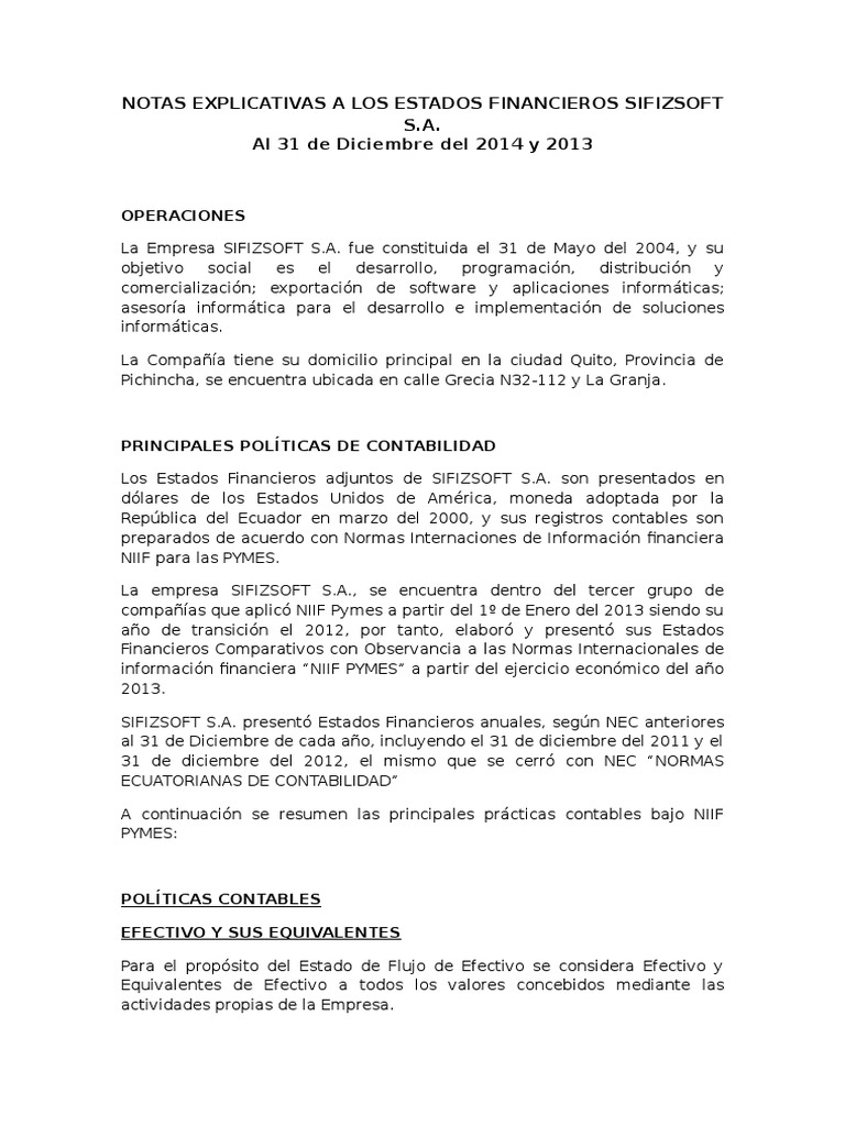 Notas Explicativas A Los Estados Financieros Sifizsoft 2014 | PDF | normas internacionales de ...