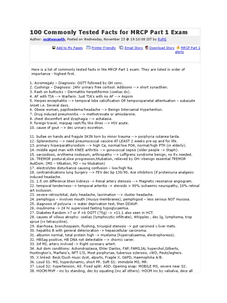 100 Commonly Tested Facts for MRCP Part 1 Exam: A Concise Review of ...