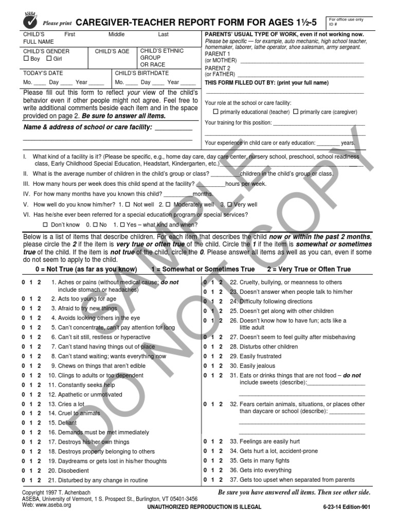 Caregiver-Teacher Report Form for Ages | Preschool | Human Life Stages