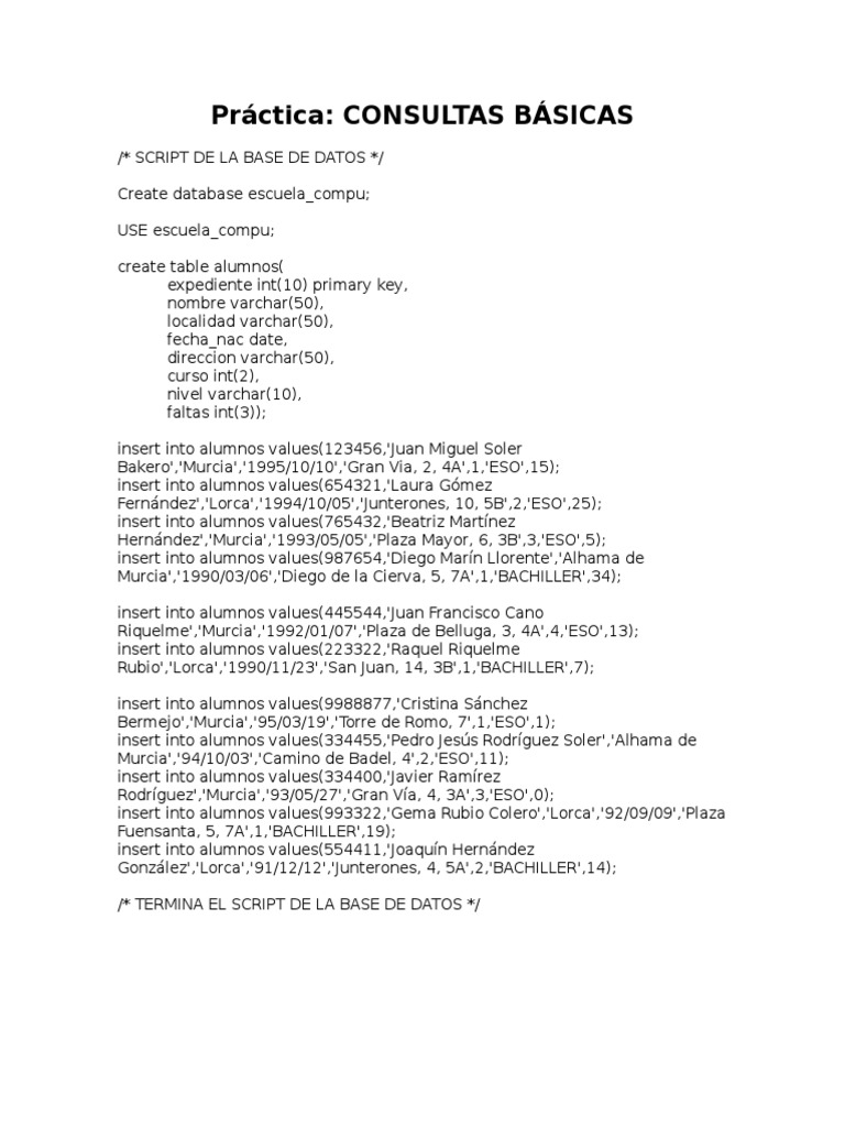 Ejercicio Sobre Consultas Básicas | PDF | SQL | Datos de computadora