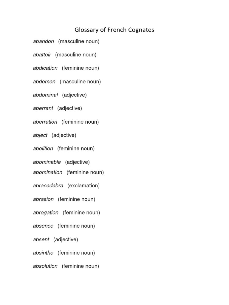 French Cognates Glossary | PDF | Adjective | Noun
