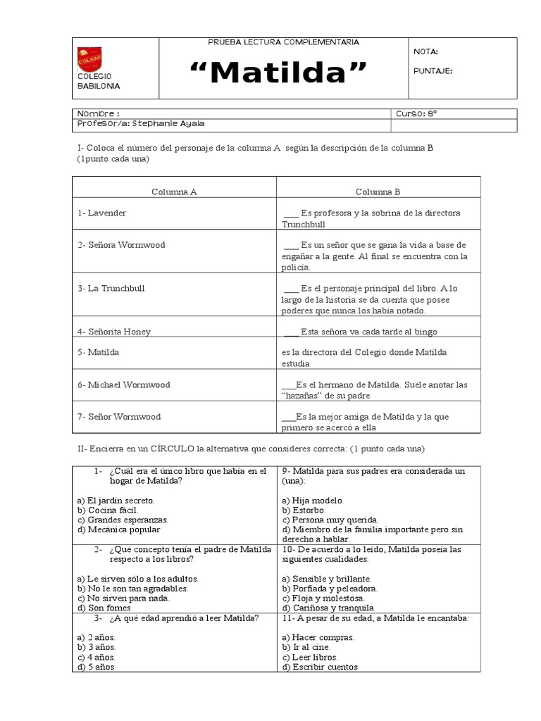 Matilda Libro 8 Año | Ocio | Ficción y literatura