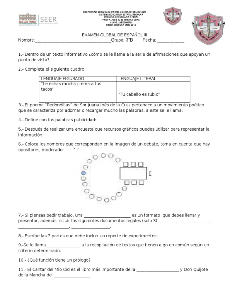 Examen Global ESPAÑOL 3° | Comillas | Lengua española