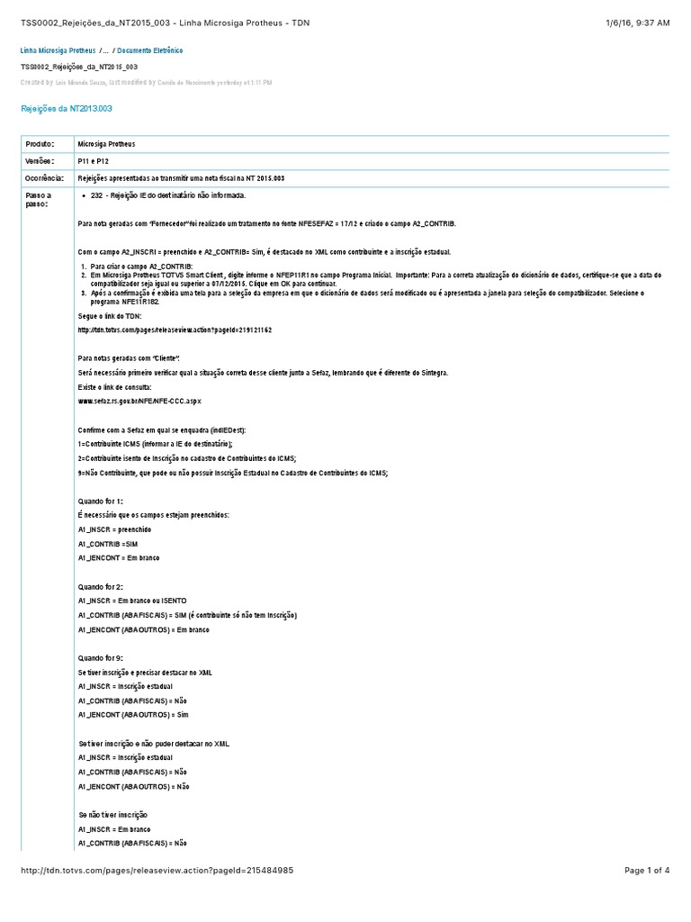 TSS0002 - Rejeições - Da - NT2015 - 003 - Linha Microsiga Protheus ...