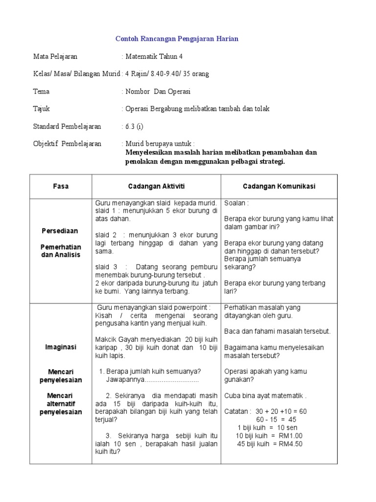 Contoh RPH Operasi Bergabung KSSR Tahun 4 | PDF
