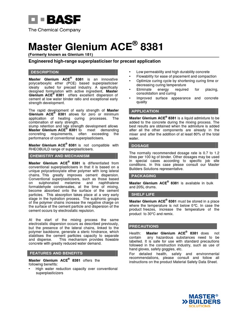Basf MasterGlenium ACE 8381 Tds | PDF | Concrete | Industries