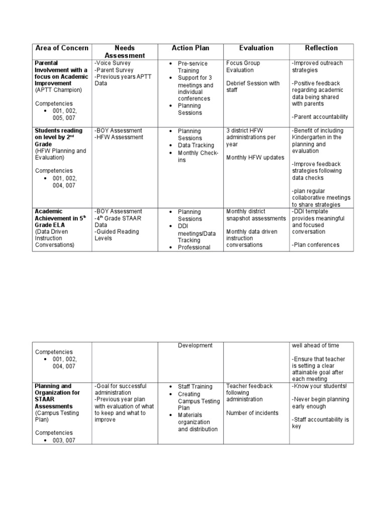 Area of Concern Needs Assessment Action Plan Evaluation Reflection | PDF