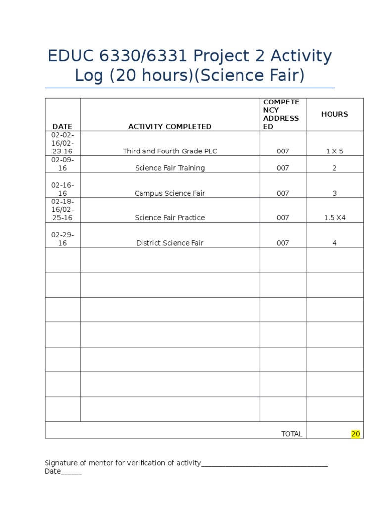 Science Fair Activity Log 20 Hours | PDF | Art | Science & Mathematics