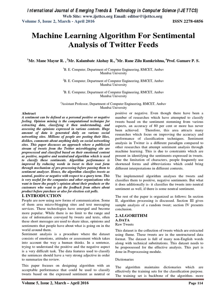Machine Learning Algorithm For Sentimental Analysis of Twitter Feeds | PDF | Microblogging ...