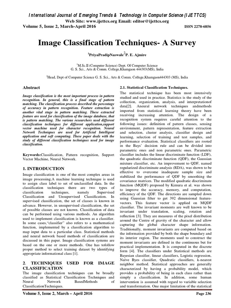Image Classification Techniques-A Survey | PDF | Statistical Classification | Artificial Neural ...