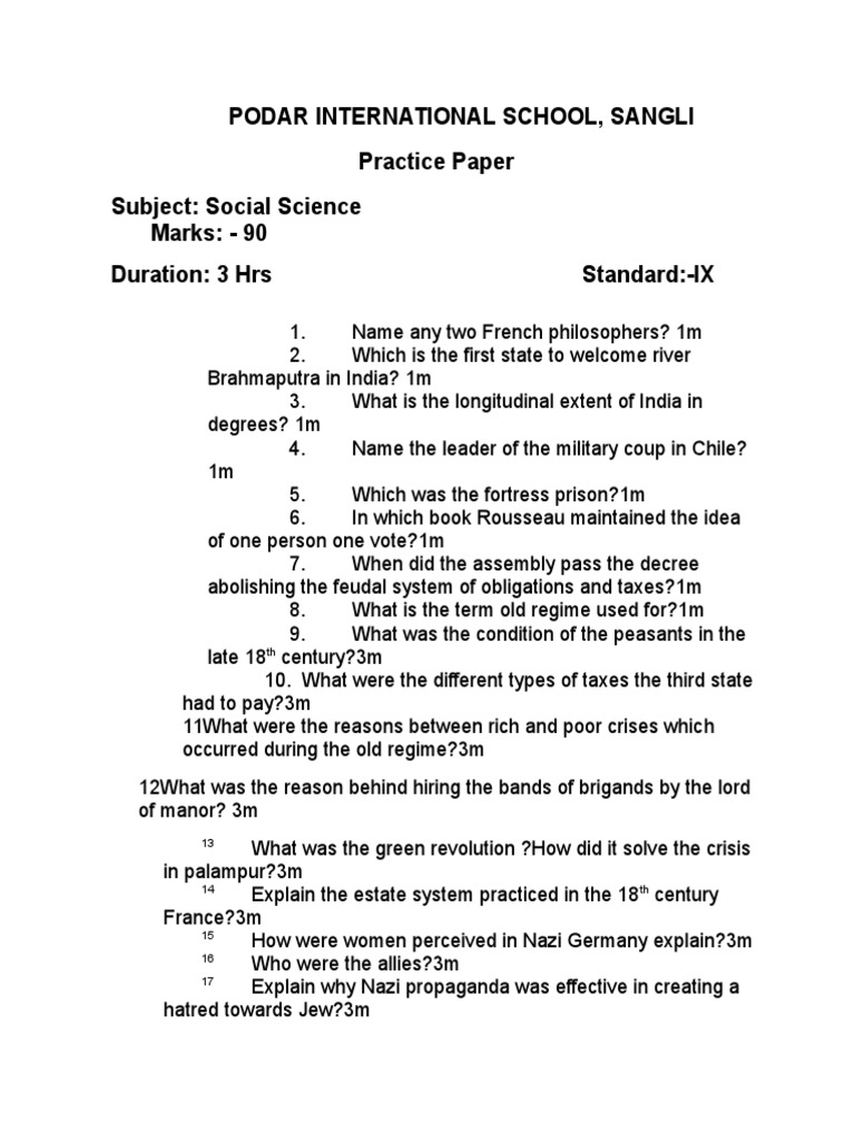Class IX Social Science Practice Paper | PDF