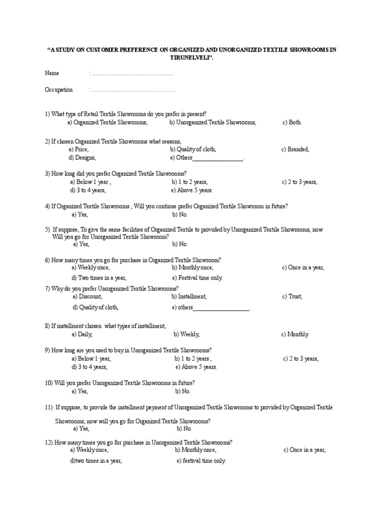 Questionnaires | PDF | Textiles | Economic Institutions