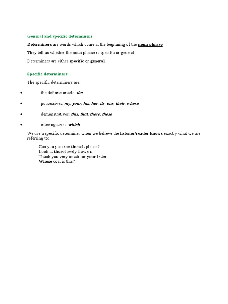 General and Specific Determiners | PDF | Language Arts & Discipline