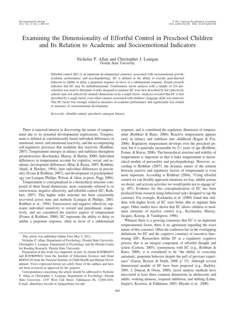 Examining The Dimensionality of Effortful Control in Preschool Children ...