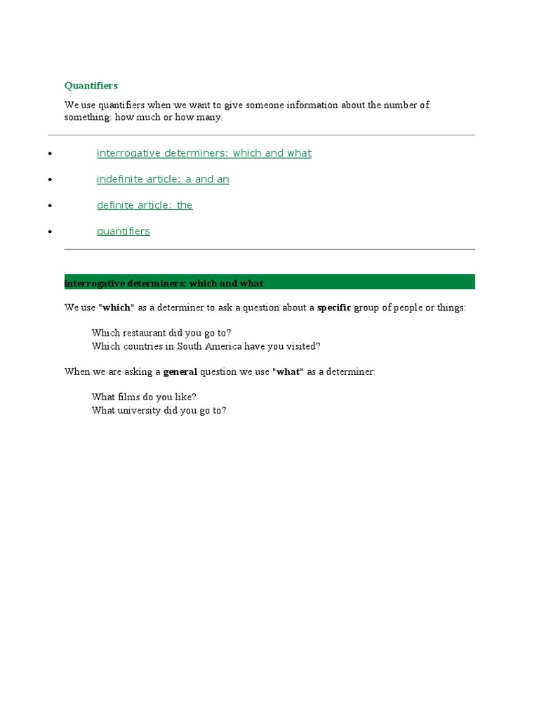 Quantifiers Interrogative Determiners Which And What Indefinite