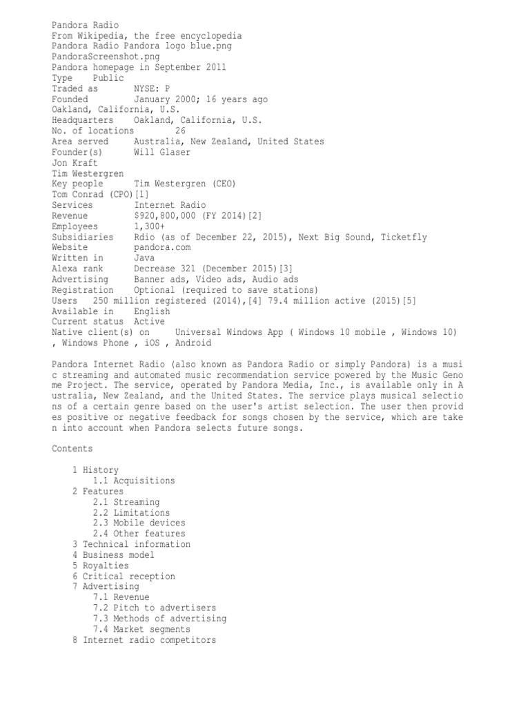 Pandora | PDF | Entertainment (General) | Computing And Information Technology