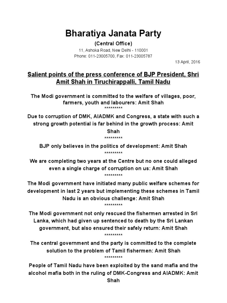 English Version of Salient Points of Press Conference of BJP National ... English Version of Salient Points of Press Conference of BJP National ...