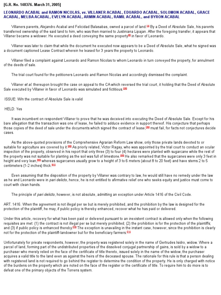 Acabal V Acabal Digest | PDF | Deed | Common Law