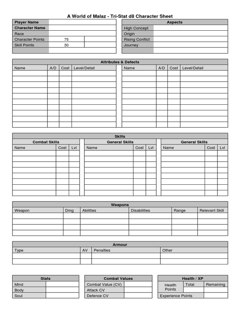 Malaz Tri-Stat d8 Character Sheet | PDF | Computers | History