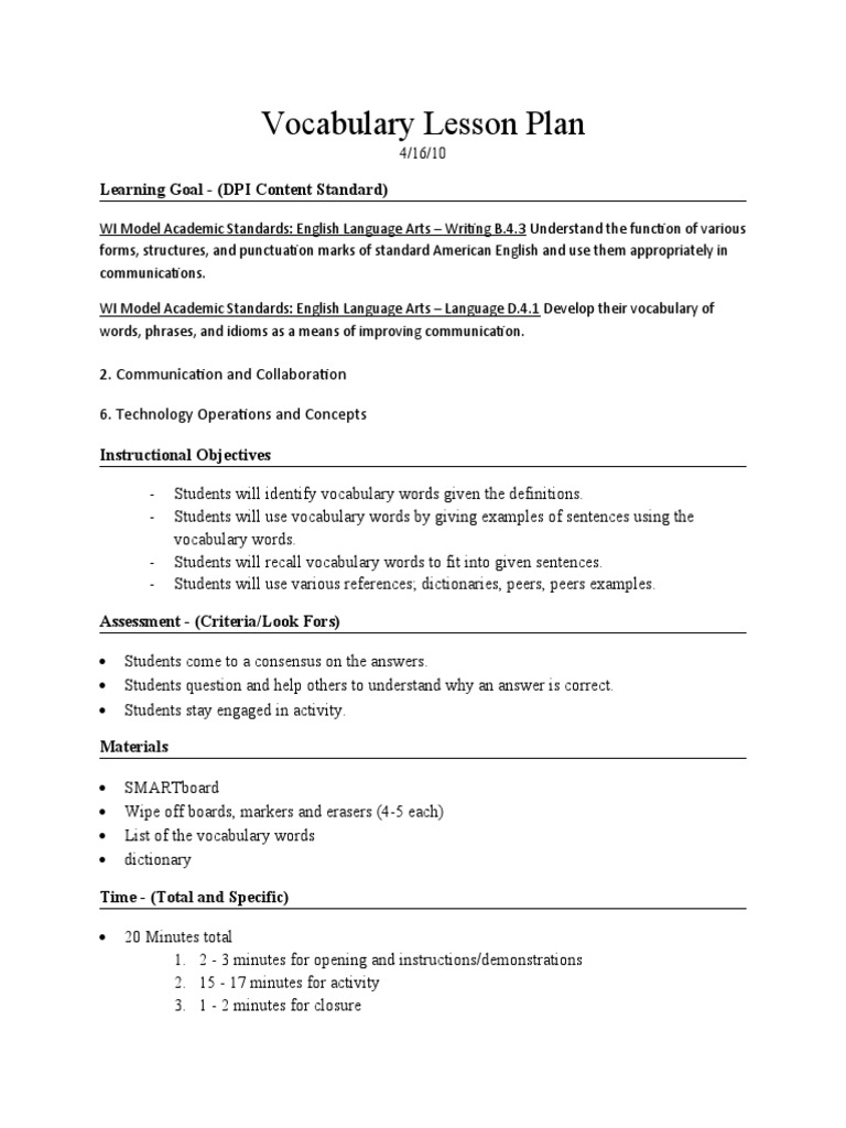 Lesson Plan - Vocab | PDF | Vocabulary | Lesson Plan