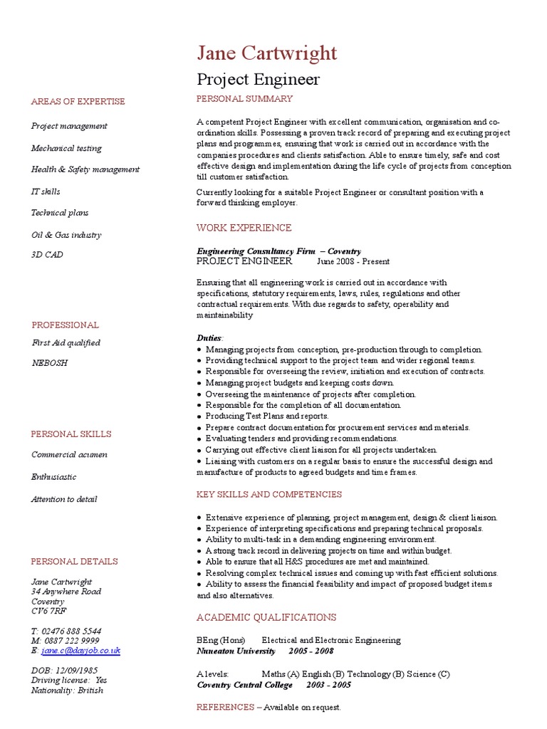 Project Engineer CV Template | PDF | Engineer | Project Management
