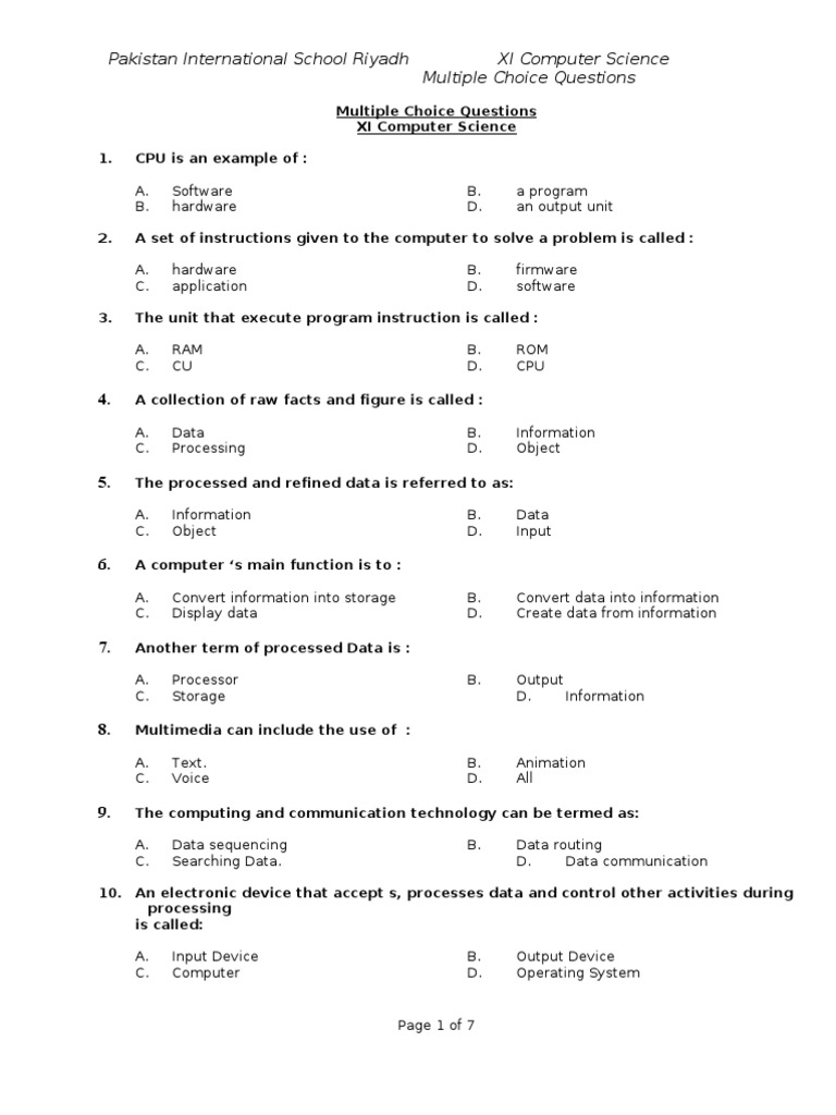 MCQs XI Computer Science | PDF | Printer (Computing) | Computer Hardware MCQs XI Computer Science | PDF | Printer (Computing) | Computer Hardware