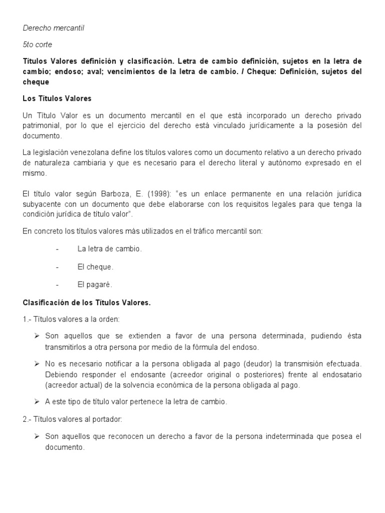 Definición y Clasificación de Títulos Valores | PDF | Pagaré ...