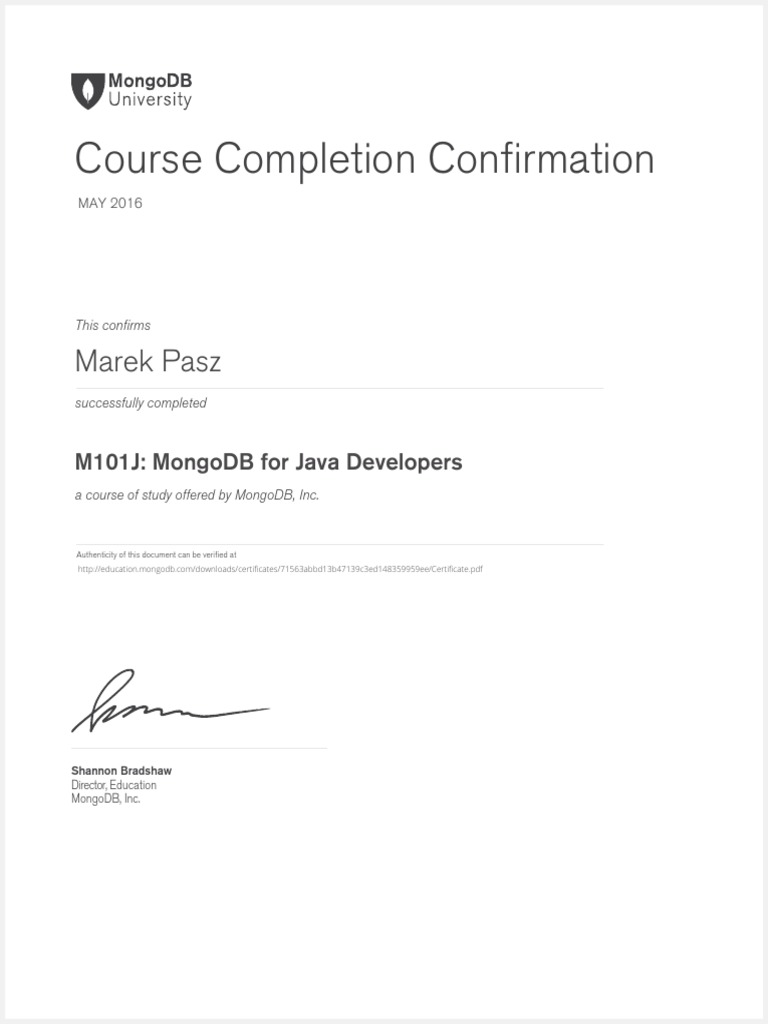MongoDB Java Developers Course Certificate | PDF