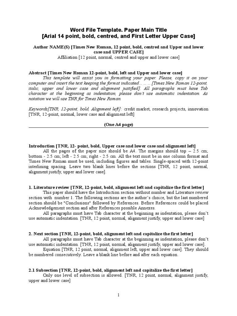Word File Template. Paper Main Title (Arial 14 Point, Bold, Centred ...