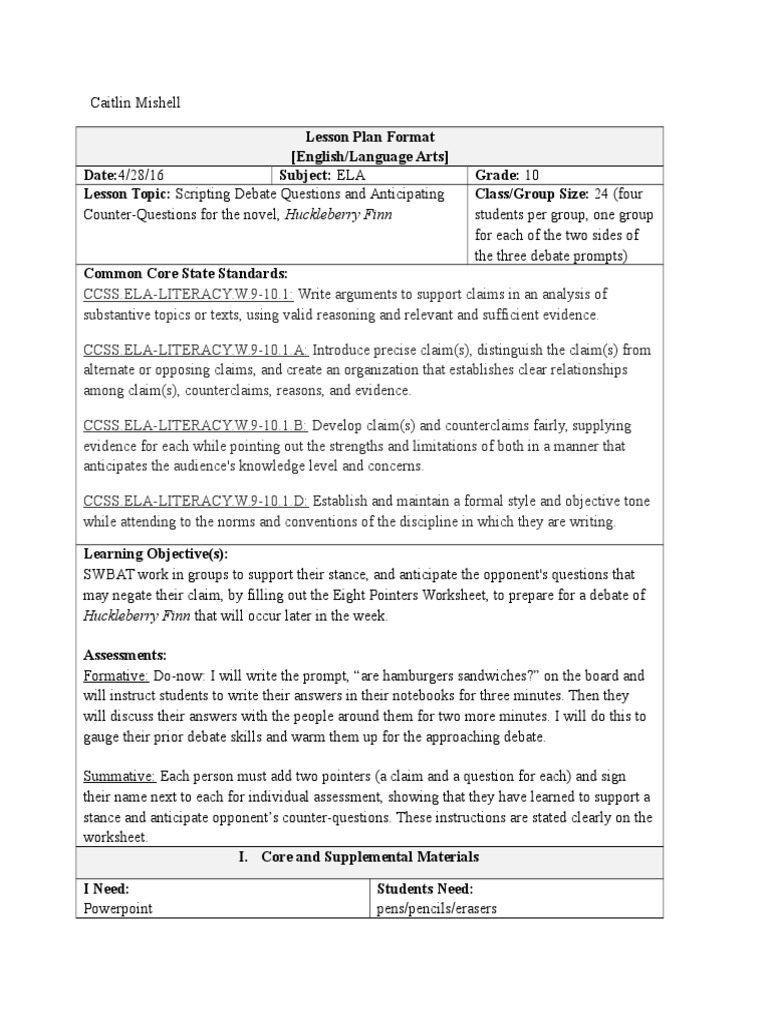 Debate Preparation for Huckleberry Finn | PDF | Educational Assessment ...