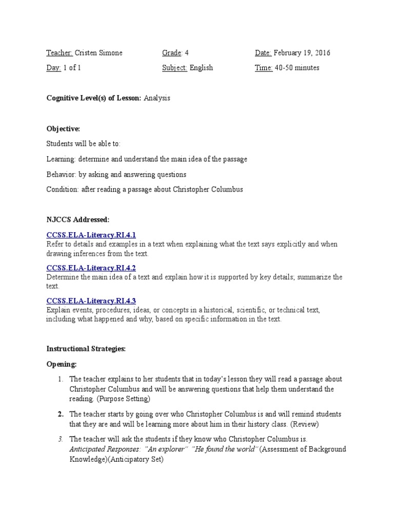 Columbus Passage Analysis Lesson Plan | PDF | Educational Assessment ...