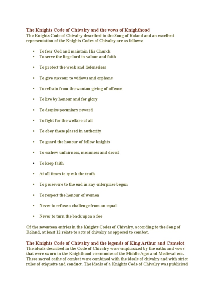 The Knights Code of Chivalry and The Vows of Knighthood | PDF