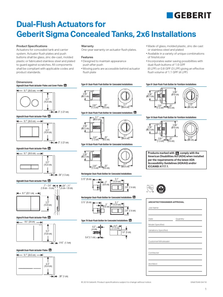 Dual-Flush Actuators For Geberit Sigma Concealed Tanks, 2x6 ...