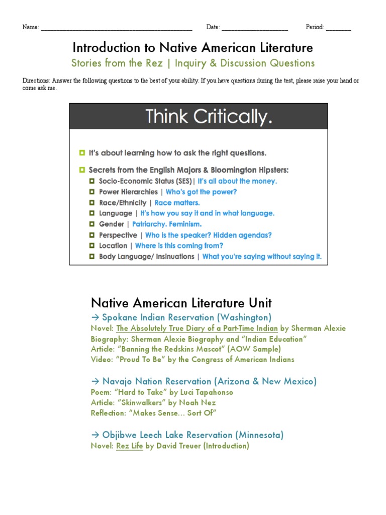 Native American Lit Socratic Seminar | PDF | Native Americans In The ...