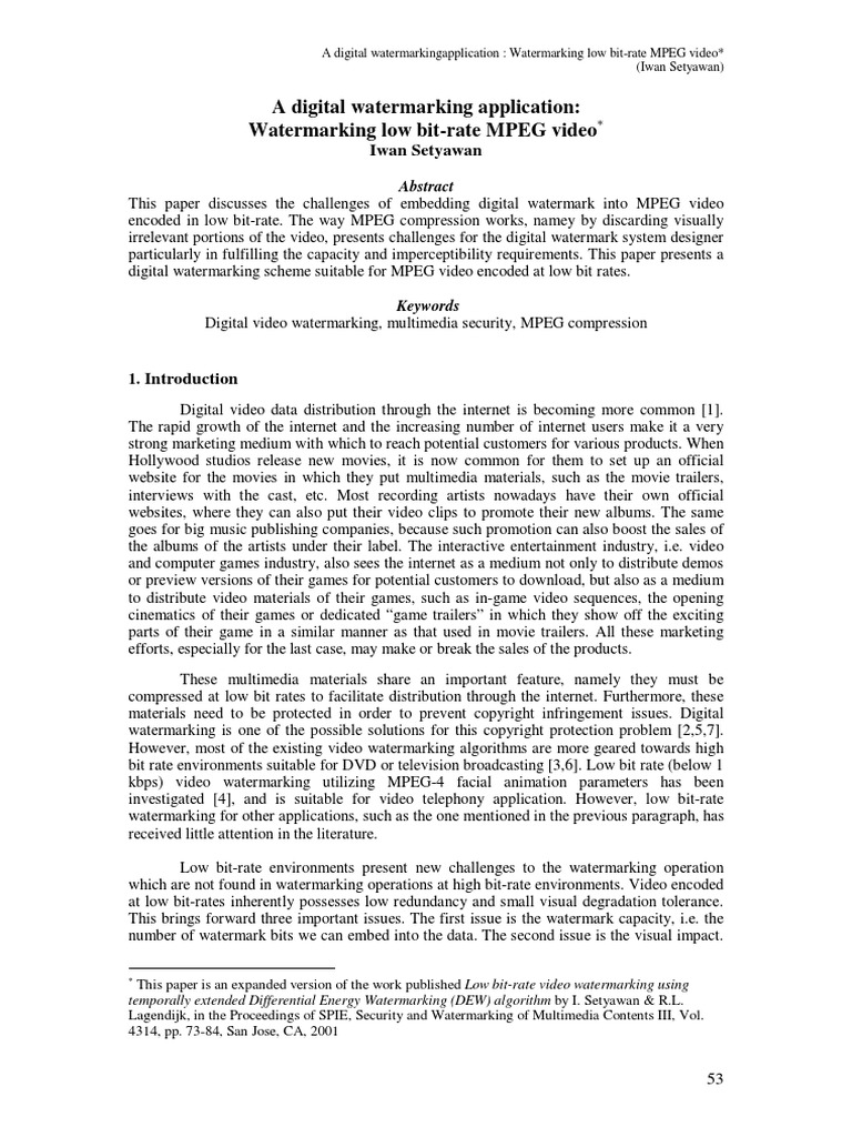 A Digital Watermarking Application: Watermarking Low Bit-Rate MPEG Video | Download Free PDF ...