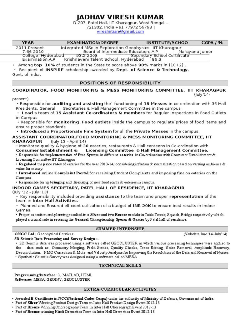 IIT Kharagpur Student Resume | PDF | Further Education | Science