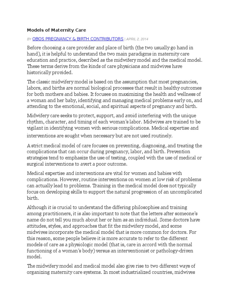 Maternity Care Models Explained | PDF | Midwifery | Midwife