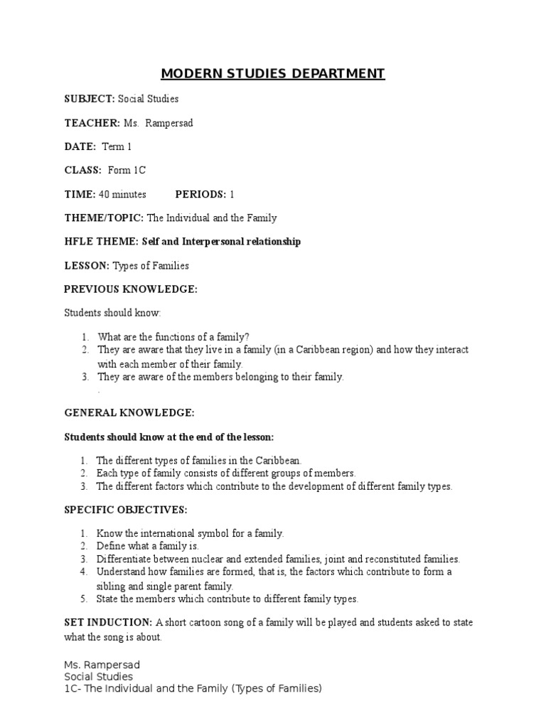 Types of Families in Social Studies | PDF | Brainstorming | Lesson Plan